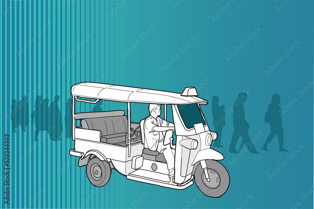 Ilustración de un taxi triciclo. Medio de transporte ligero propulsado ...