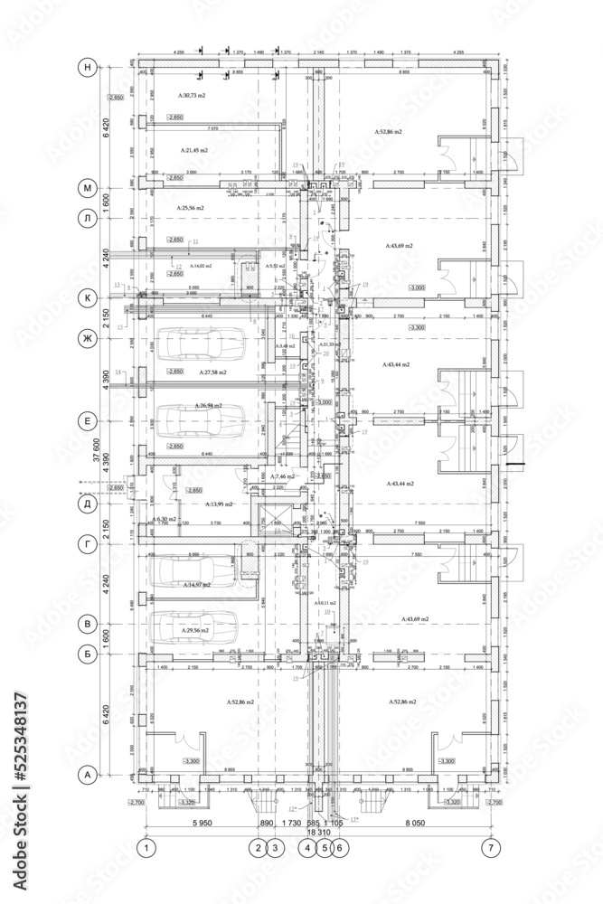 Multistory building detailed architectural technical drawing, vector ...