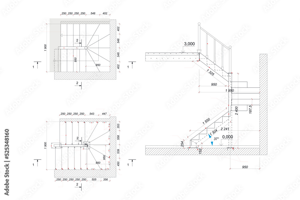 Detailed architectural plan of stairs, construction industry vector ...