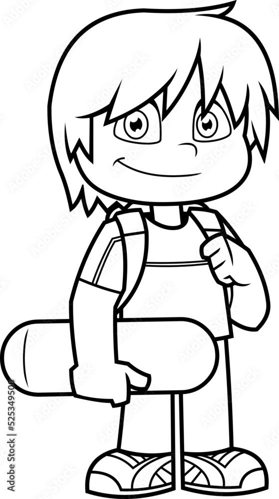 Outlined School Boy Cartoon Character With Backpack Standing And Hold A ...