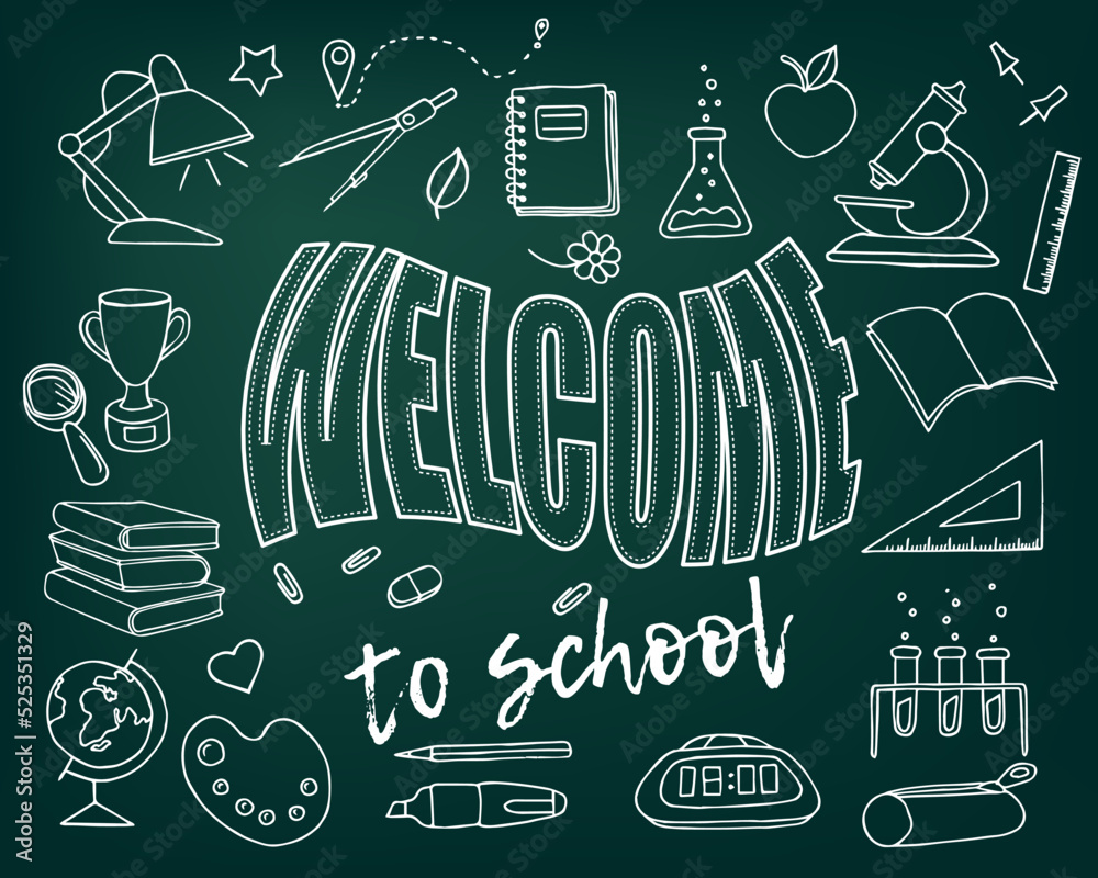 School doodle illustration set. Welcome to school lettering, elements ...