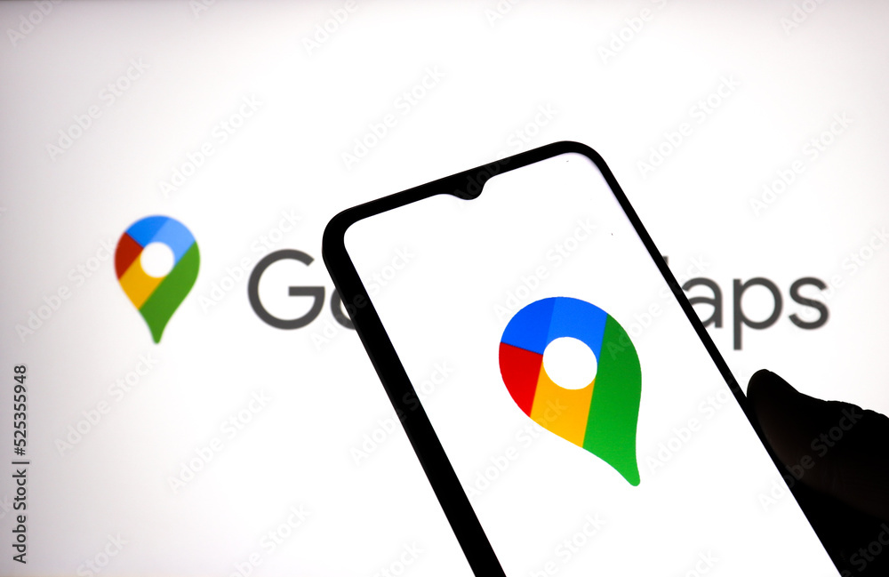 google maps application on phone screen and logo google maps background ...