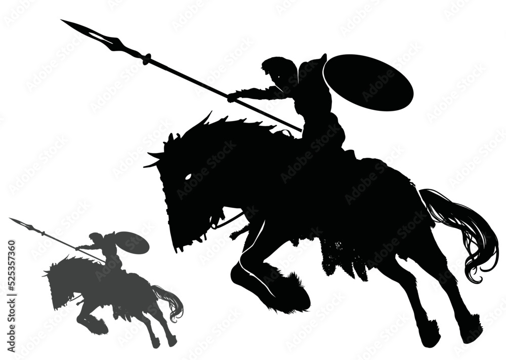 A black silhouette with a warrior girl, she is a valkyrie in plate ...