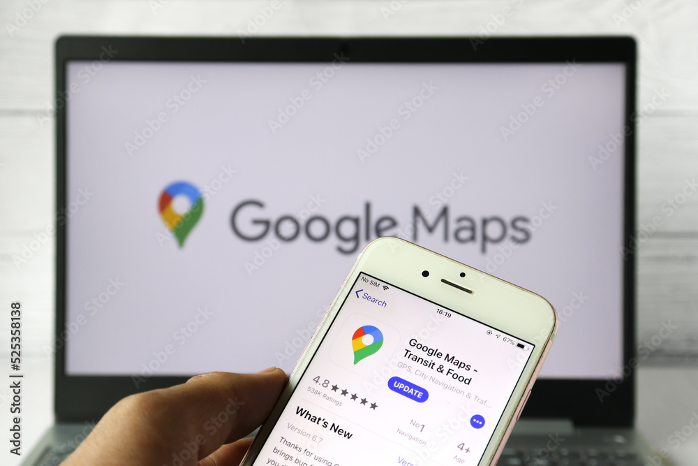 google maps application on phone screen and logo google maps background ...