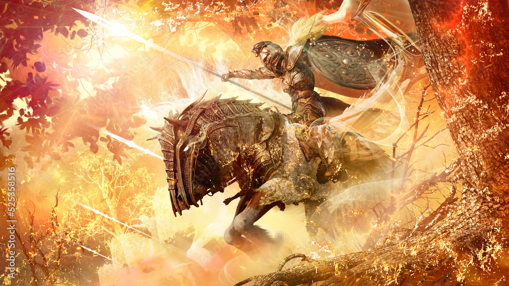 A beautiful valkyrie in shiny armor rides with a spear and shield on a ...