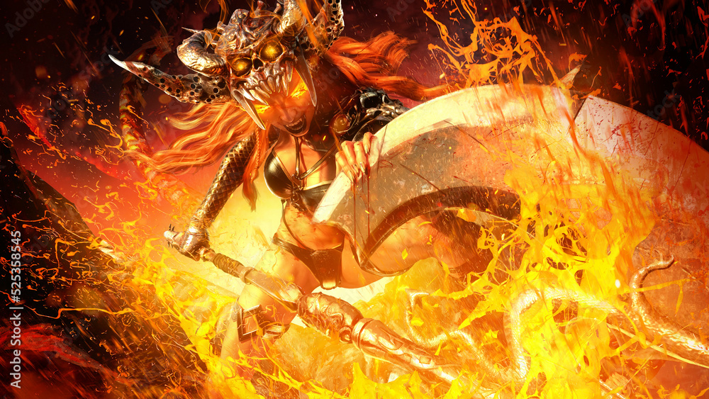 Ilustração do Stock: A sexy woman possessed by rage, the goddess of war ...