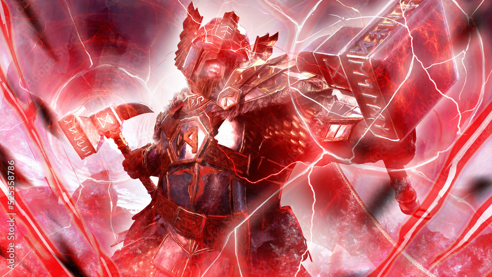 fierce dwarf warrior, in heavy runic armor of gilded plates, he shouts ...