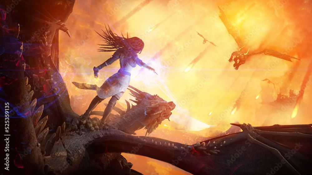 A brave sorceress girl is flying standing on the back of a black dragon, saving magic for battle ...