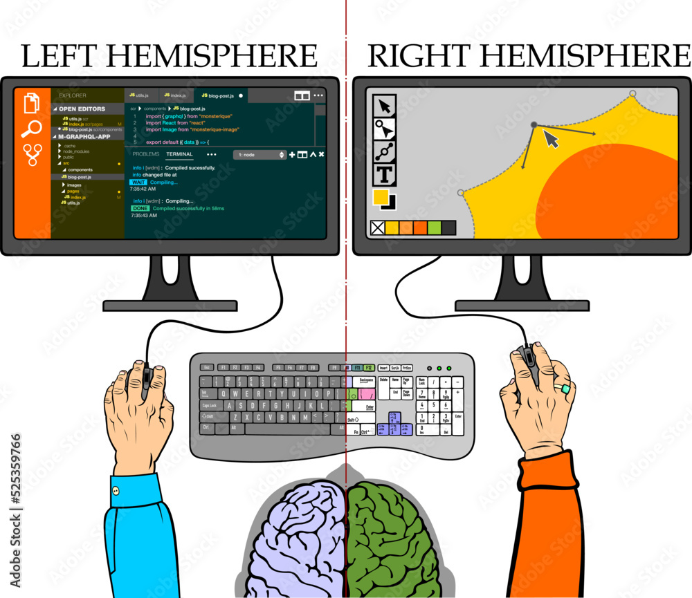 works of right and left brain hemispheres vector illustration Stock ...