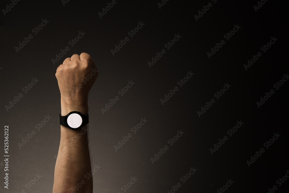 Hand with smart watch displaying blank white screen Stock Photo | Adobe ...