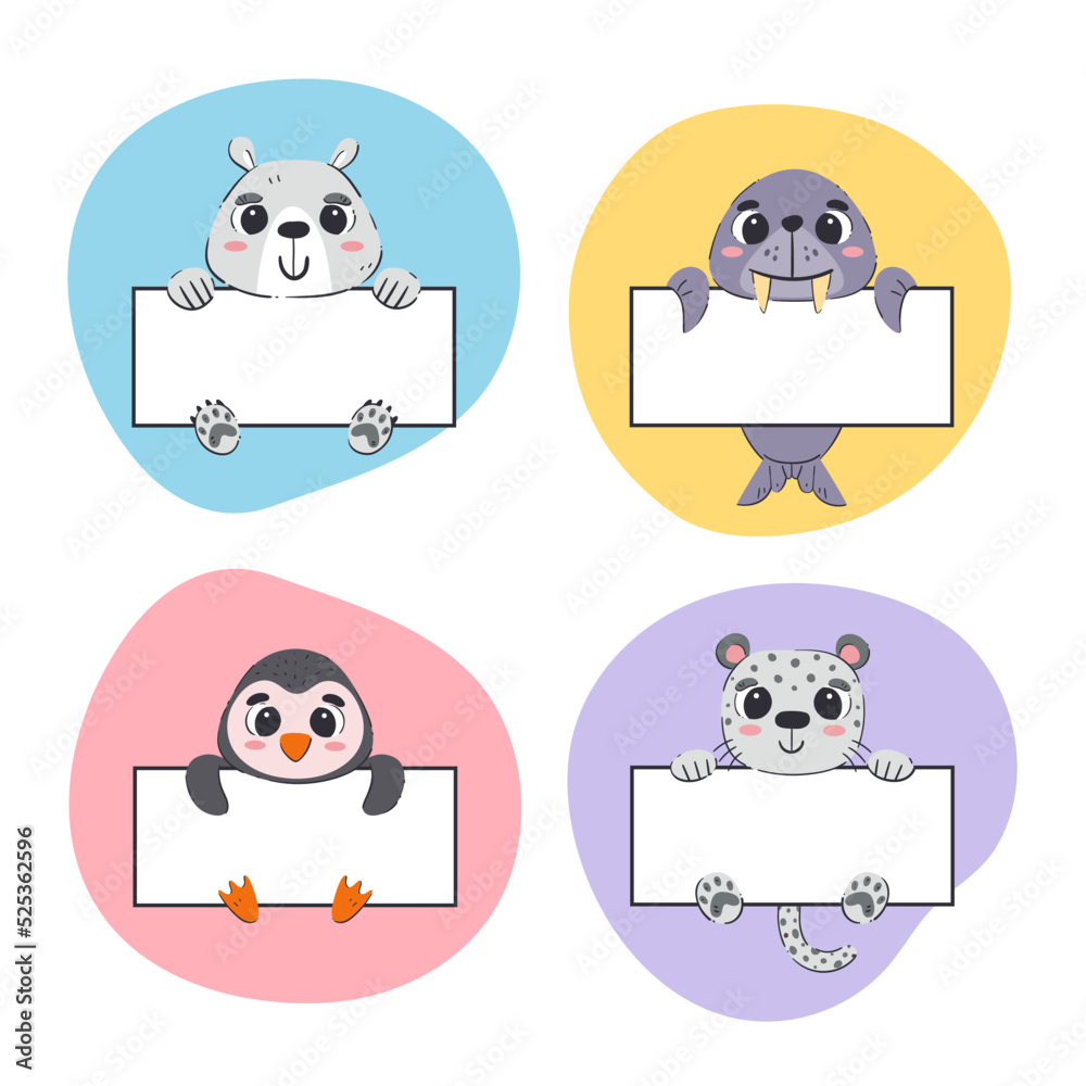 Cute animals holding blank banners. Card templates for kids. Hand-drawn ...