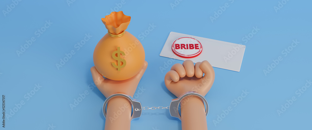 3D handcuffs attached to his arm with money bag and envelope, bribery ...