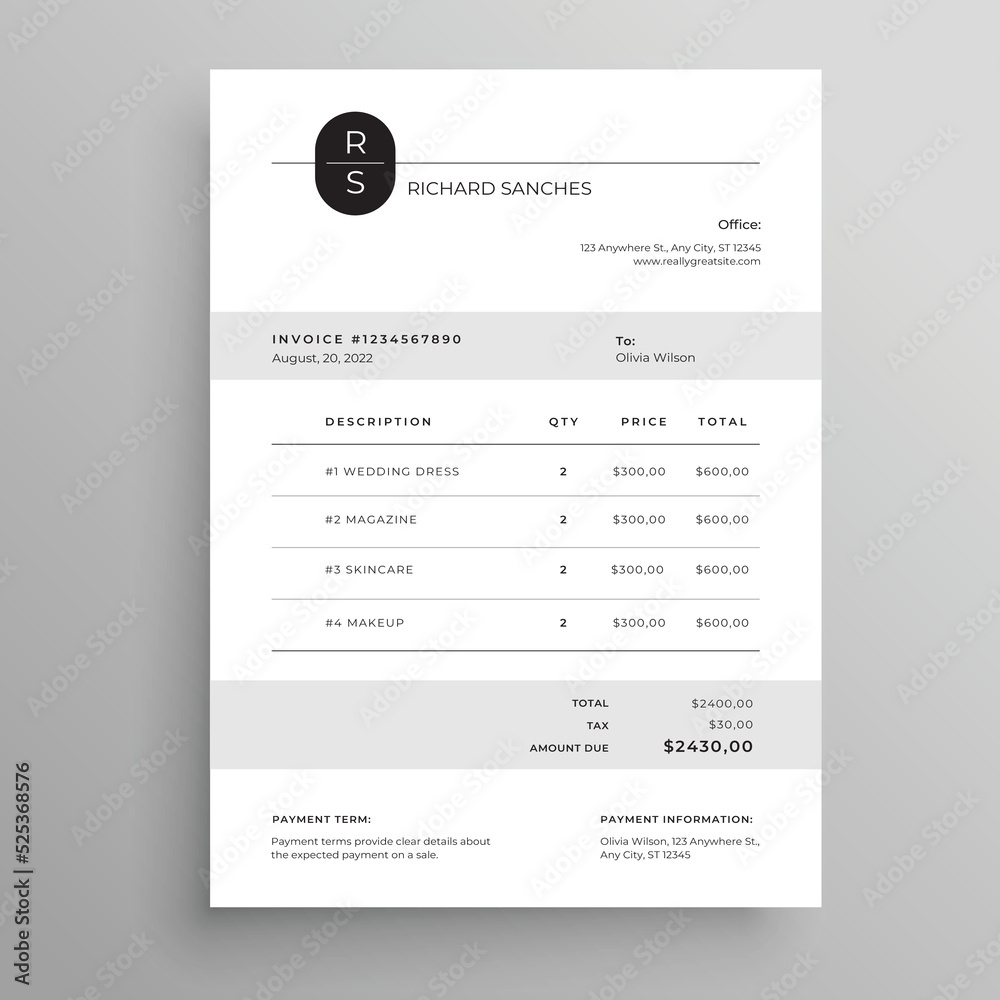 Business invoice form template. Invoicing quotes, money bills or price ...