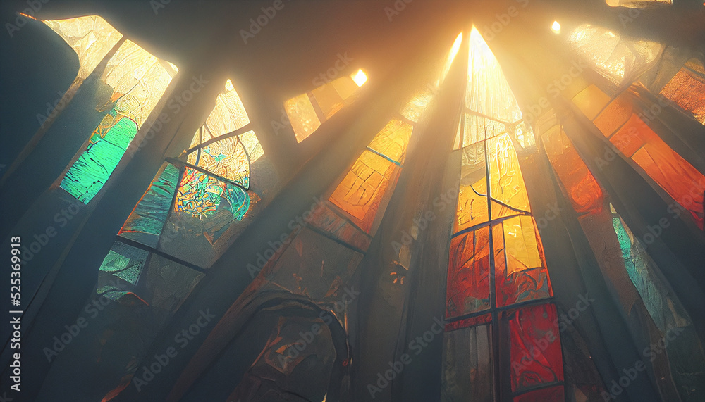 Rainbow Light swing through a stained glass window church. Digital art ...
