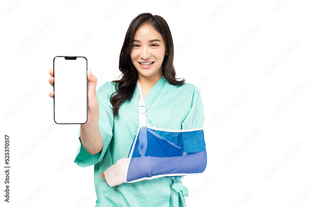 Injured Young woman put on soft splint due to a broken arm show white ...
