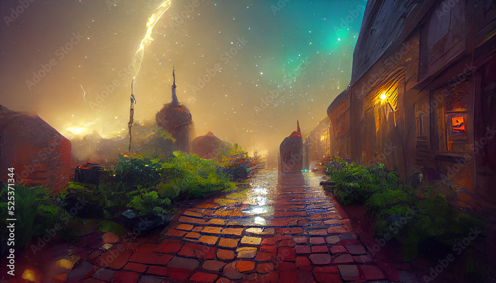 Colorful Digital art background of fantasy alleyway. HD Wallpaper Stock ...