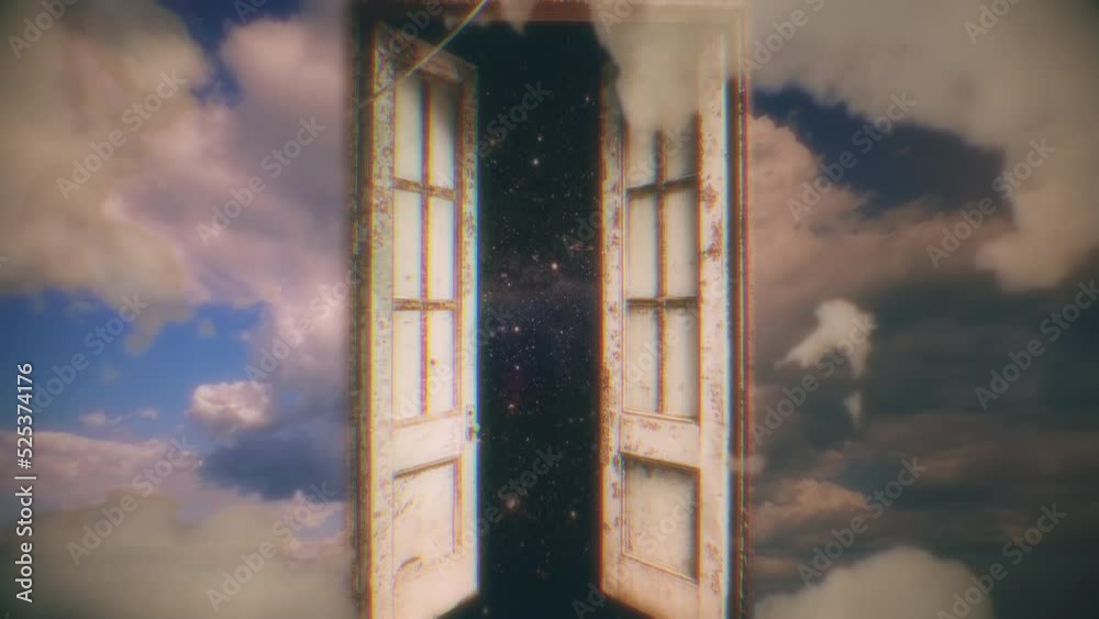 Space Door Open Over Cloudy Sky Motion Background. Door floating in a ...