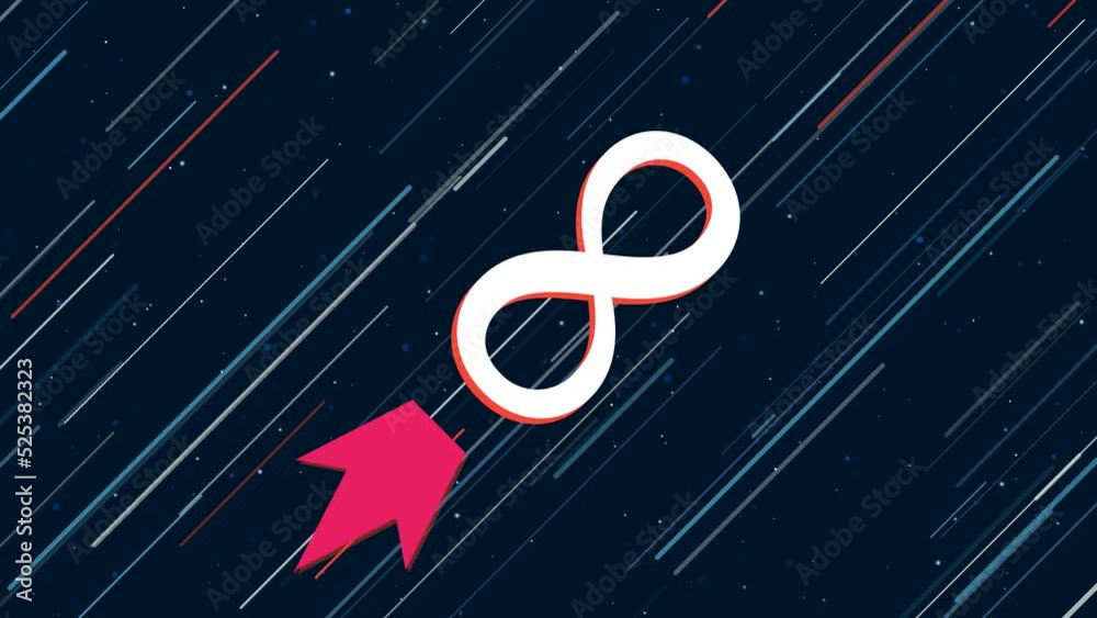 Infinity symbol flies through the universe on a jet propulsion. The ...