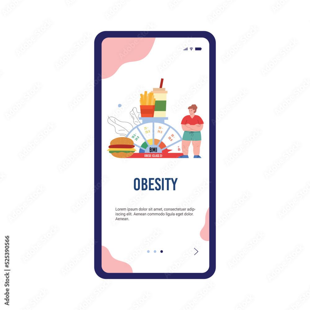 Overweight and obesity problem banner for mobile app, flat cartoon ...