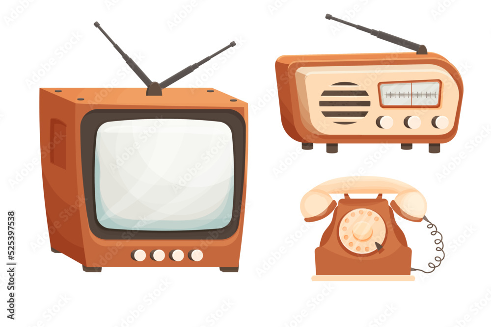 Set retro telephone, tv and radio in comic cartoon style isolated on ...