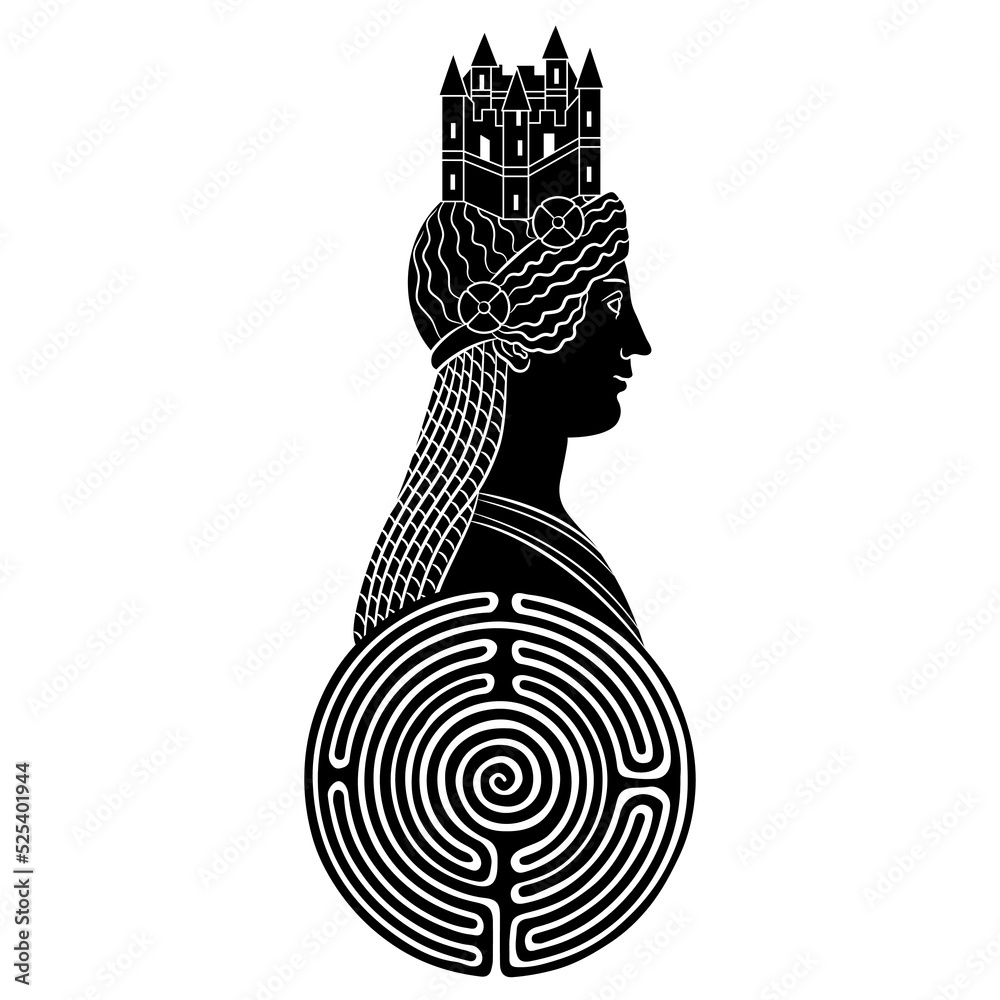 Antique woman with castle as her crown o top of a round spiral maze or ...