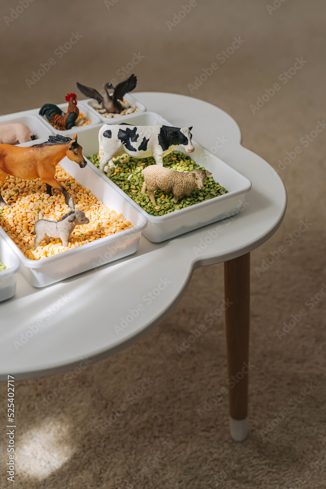 Farm animals in sensory bin. Educational game. Learning through play ...