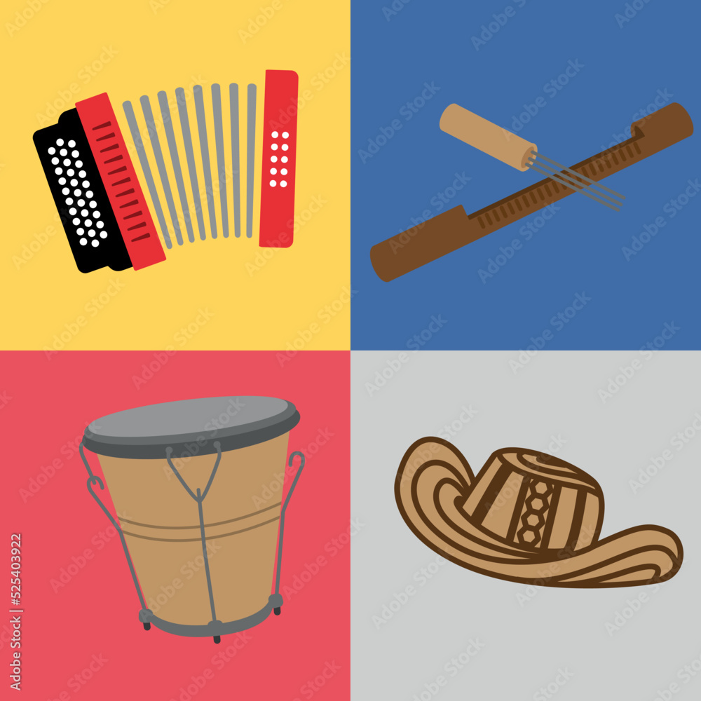 Ilustración de Acordeón, Sombrero Vueltiao, Caja y Guacharaca en estilo ...