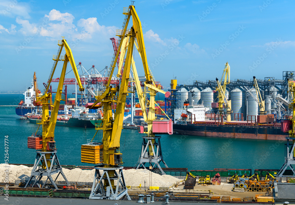 industrial seaport infrastructure, sea, cranes and dry cargo ship ...