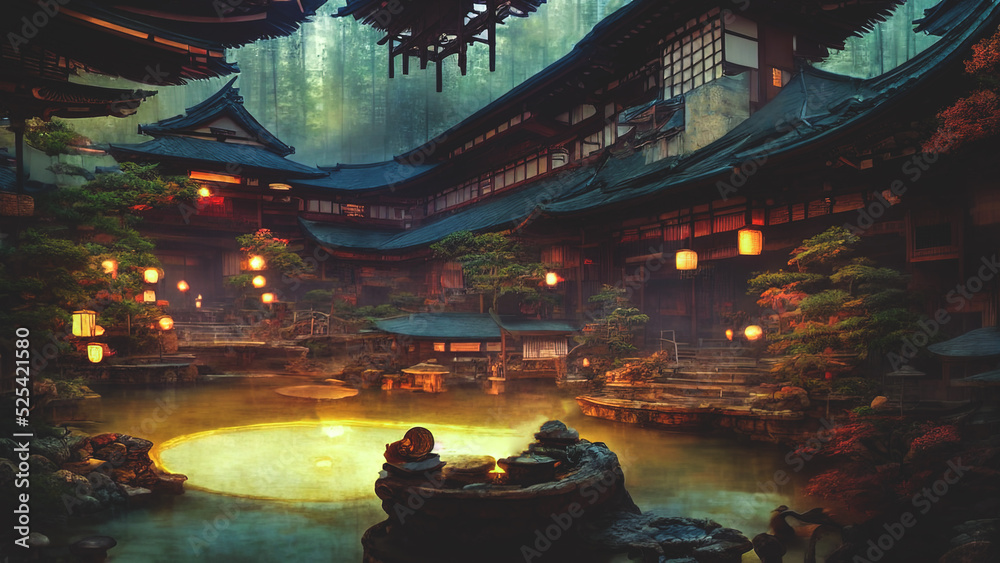 Fantasy Japanese landscape. Japanese hot springs, ancient architecture ...