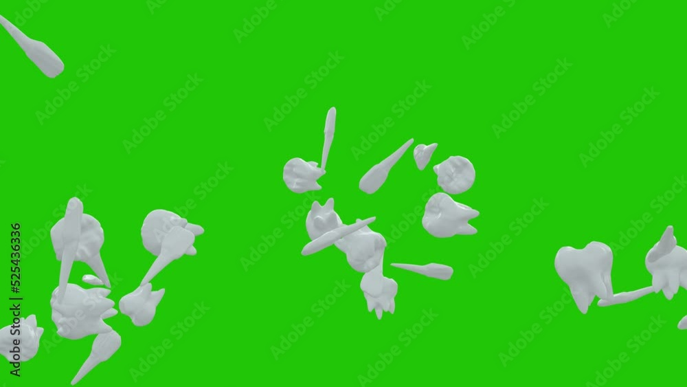 3D human Teeth flying through the frame on a green screen. Stock ...