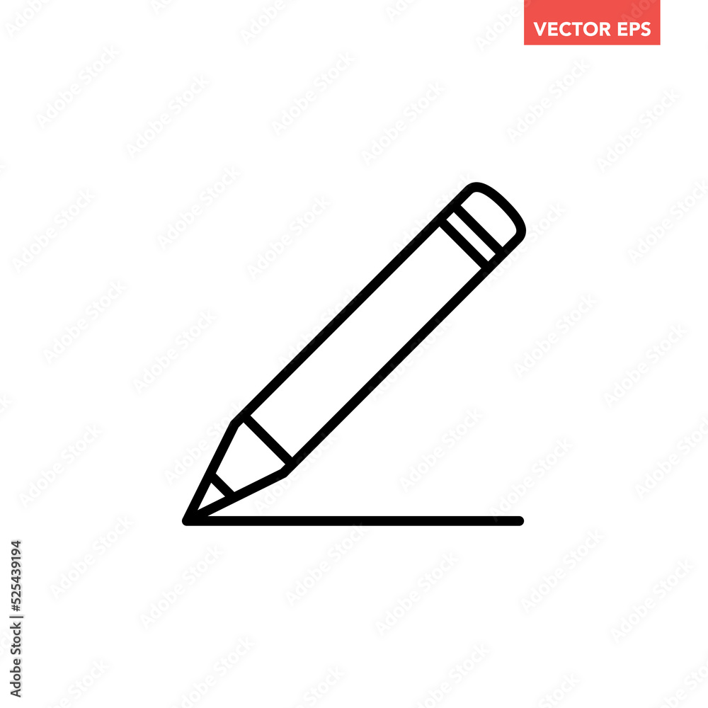 Black single drawing pencil line icon, simple outline writing tool flat design pictogram ...