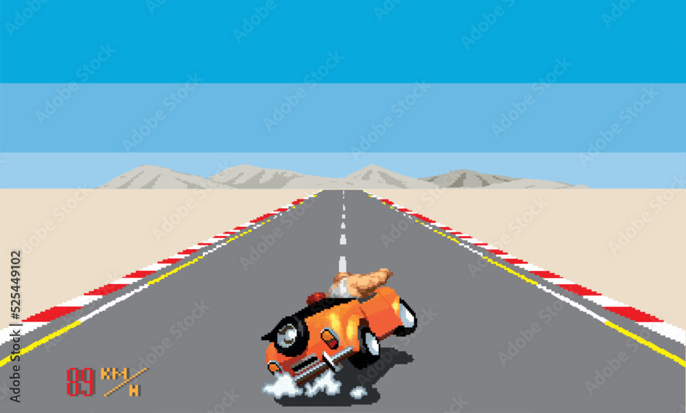 Arcade pixelated race car vector illustration. desert race track. retro ...