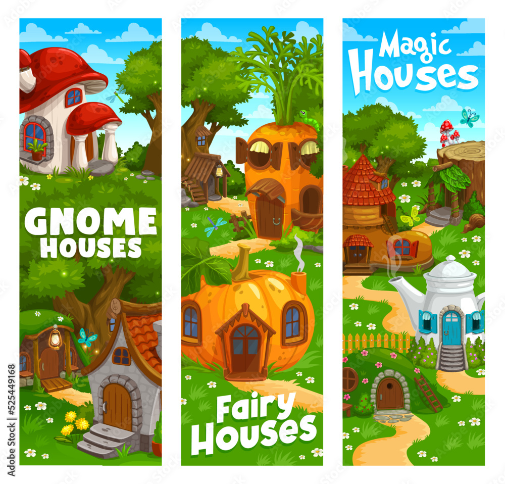 Cartoon gnome and elf houses or dwellings, fairytale banners. Vector ...