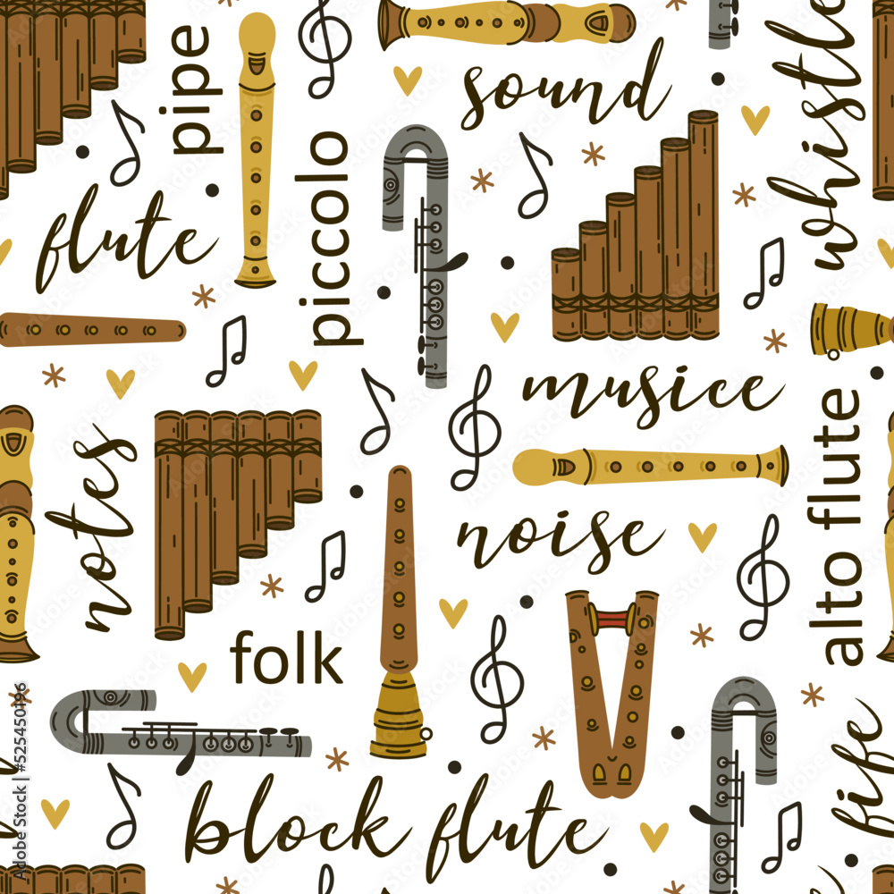 Flute seamless vector pattern. Block flute, pan pipe, whistle, duduk ...