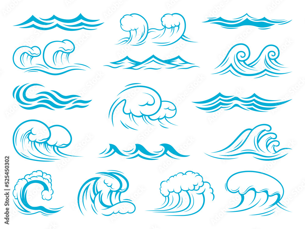 Sea and ocean wave icons, tsunami, surf waves. Isolated vector set of ...