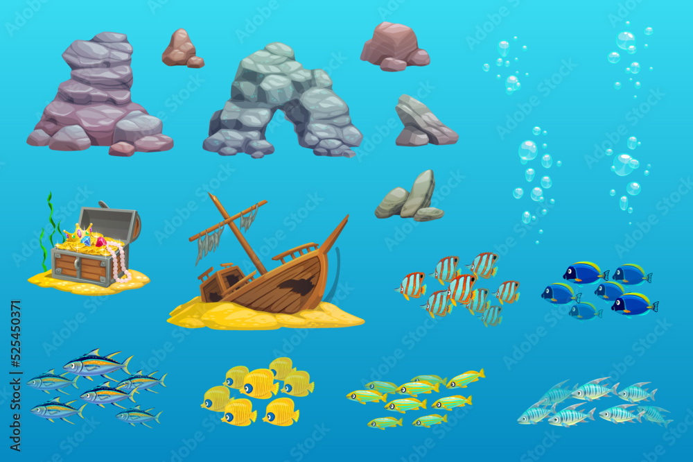 Underwater game asset. Cartoon ship, arch, stone, fish, bubbles ...