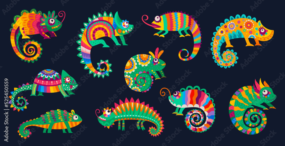 Cartoon Mexican chameleons lizards with folk ethnic ornament, vector ... Cartoon Mexican chameleons lizards with folk ethnic ornament, vector ...