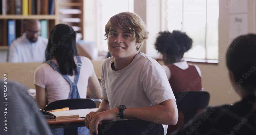 Vidéo Stock Happy boy high school student learning in a classroom ...