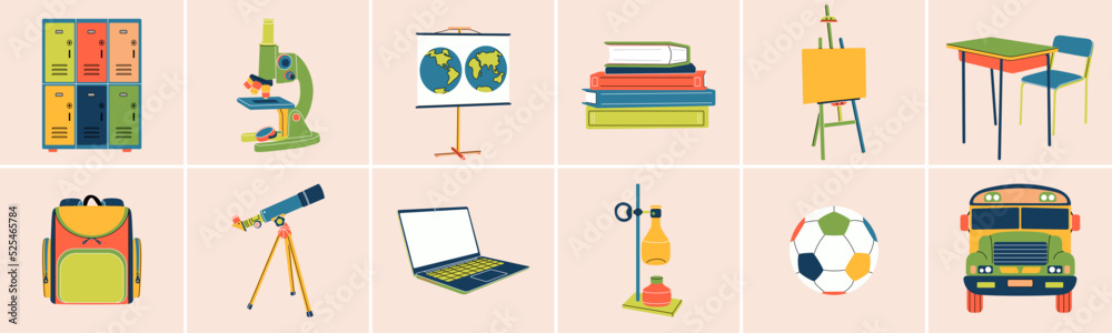 Set of school items in colorful flat line style. Microscope, telescope ...