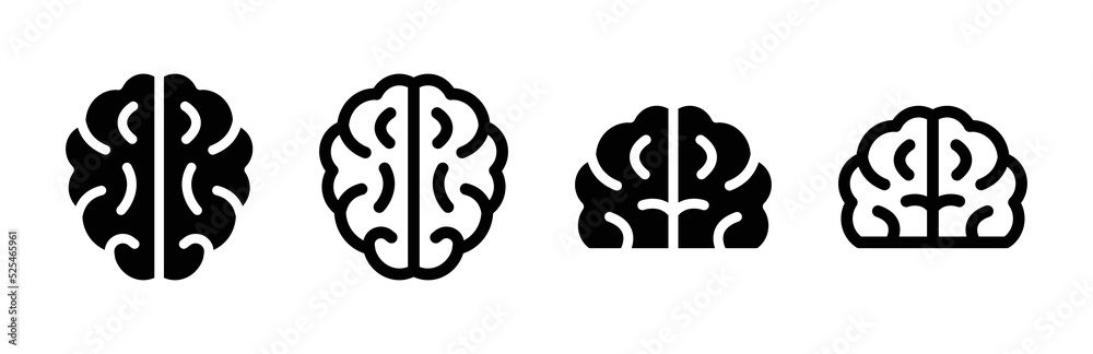 Human brain icon set solid and outline style isolated on white ...