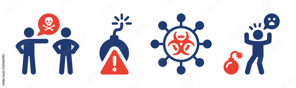 Threat icon set. Chemical, explosion warning and biohazard hazard ...