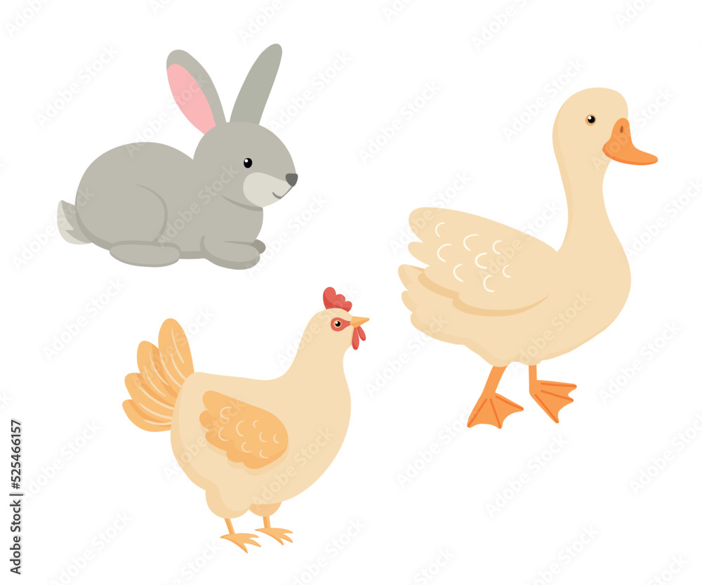 Cute cartoon duck, chicken and rabbit. Vector illustration isolated on ...