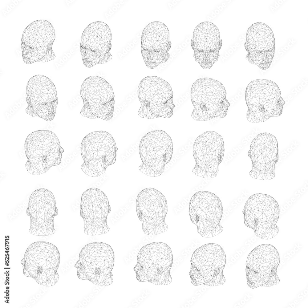 Set with a skeleton of a man's head in different positions from black ...