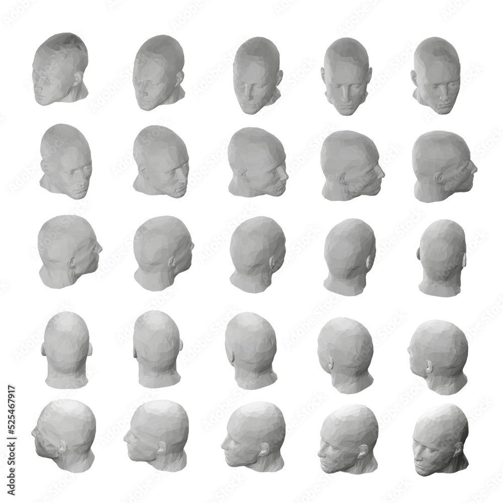 Set with male head model in different positions isolated on white ...