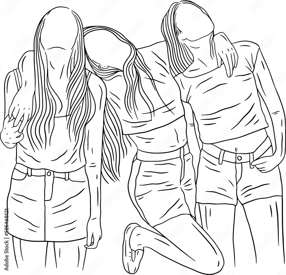 Happy Women group Girl Best Friend love line art hand drawn style ...