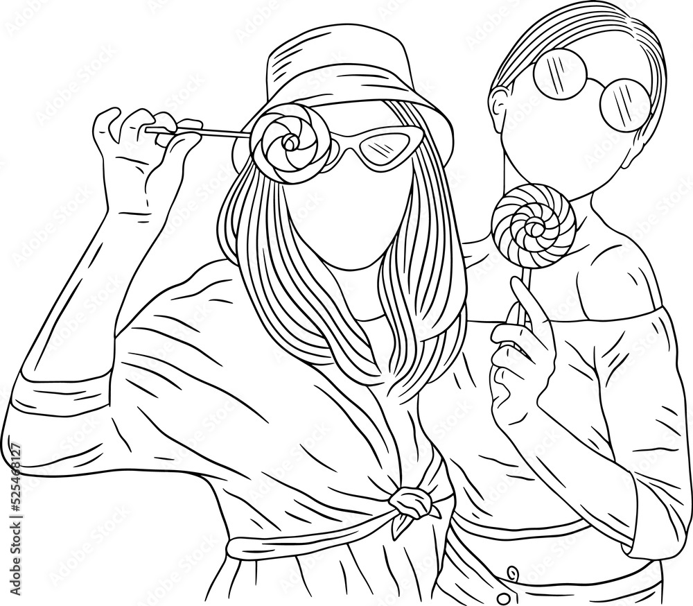 Happy Women group Girl Best Friend love line art hand drawn style ...