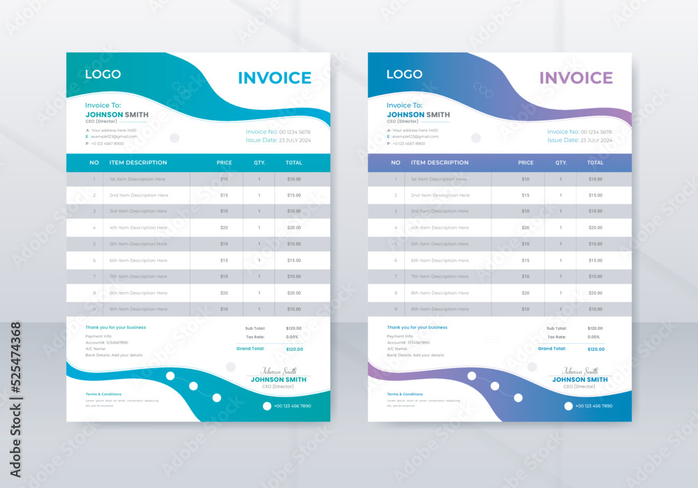 Printable Invoice Template in 2 different Themes. Vector Business ...