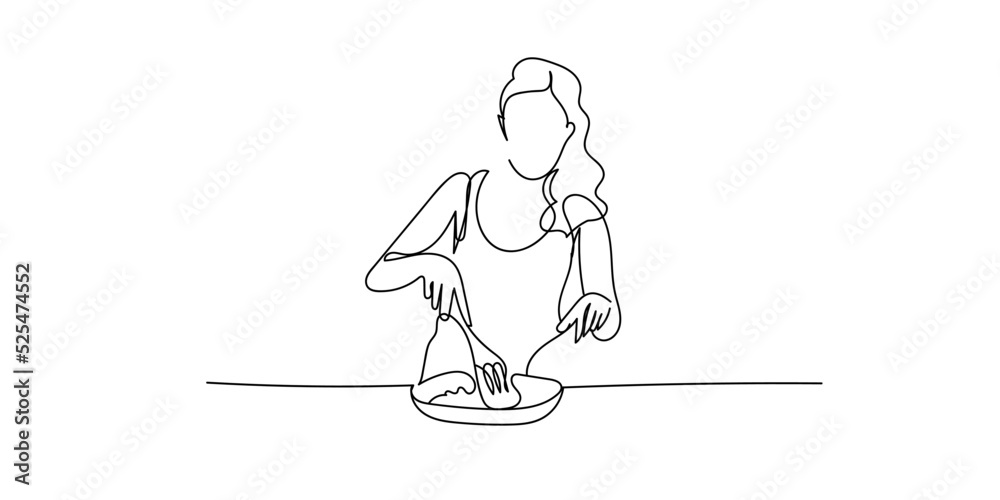 female continuous line cooking. female chef cooking line art. line ...