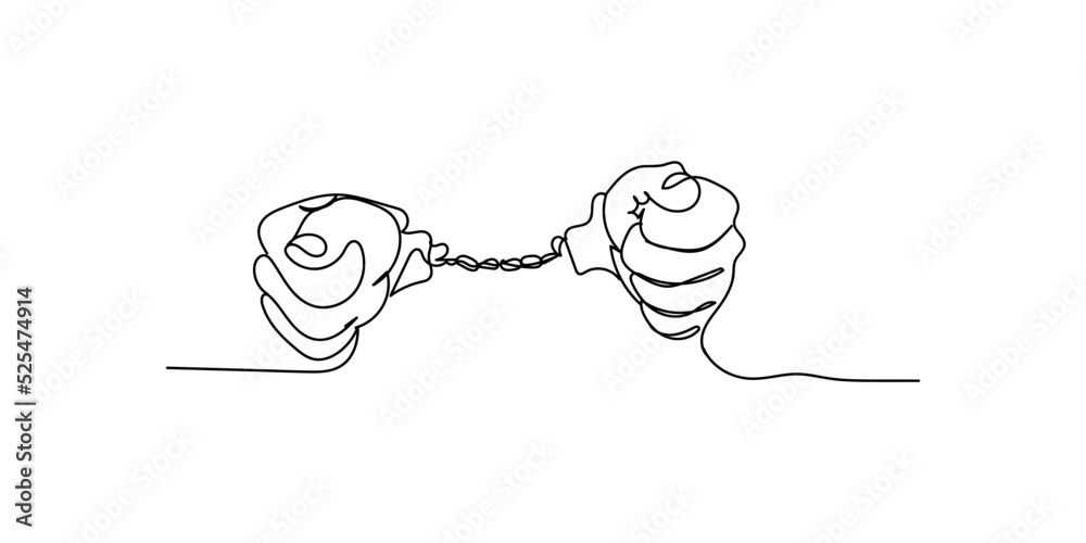 line art of hand in handcuffs.single line drawing of criminal's hand in ...