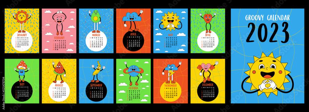 Retro calendar template 2023 with groovy style. Cartoon funny comic ...